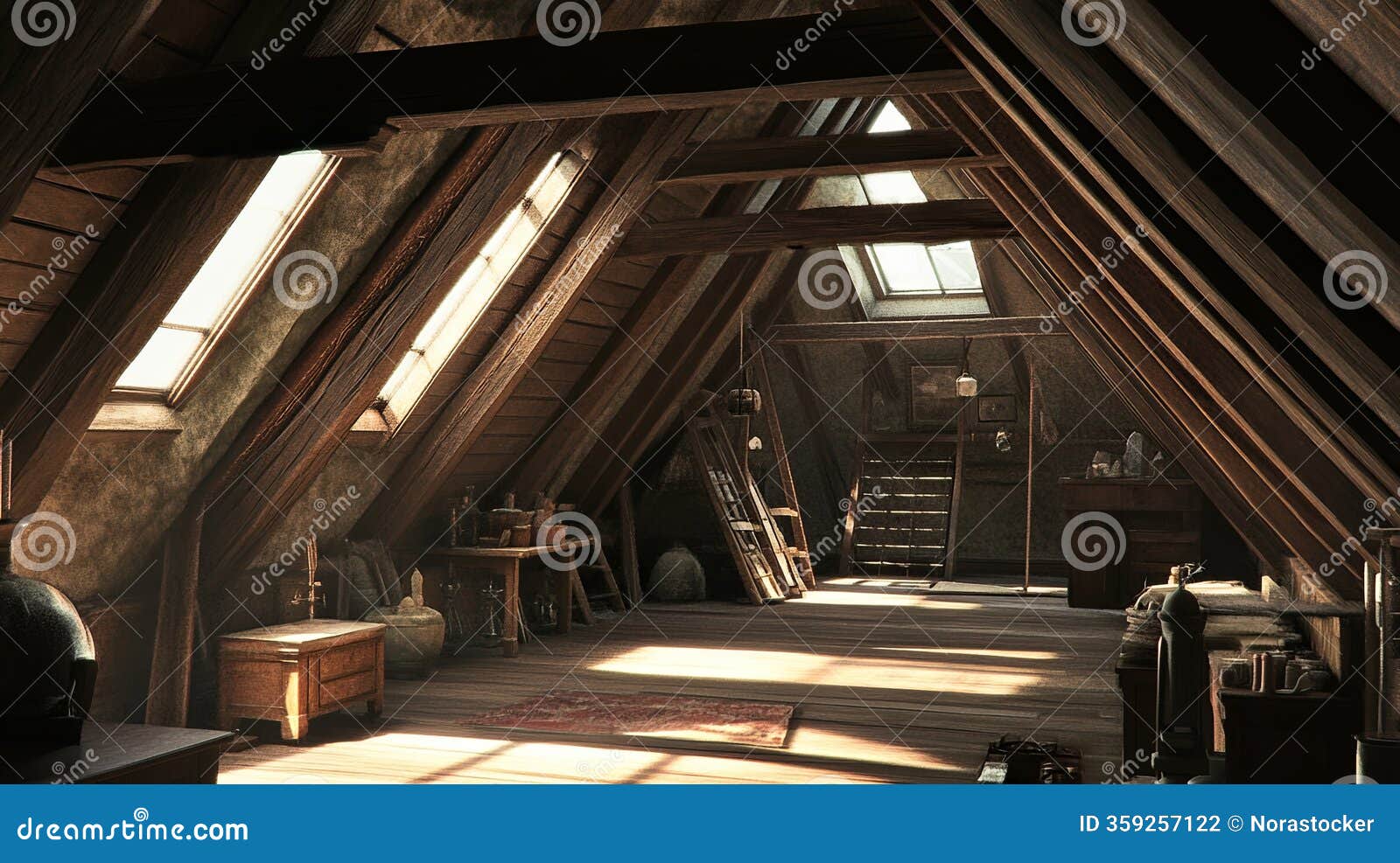 Open Attic Space with Skylights, Wooden Rafters, and Exposed Stock ...