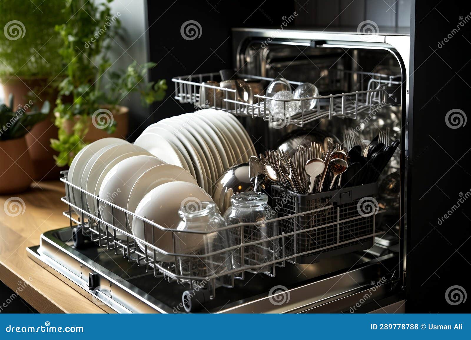 Open Automatic Built-in Dishwasher with Clean Dishes - Side View on ...
