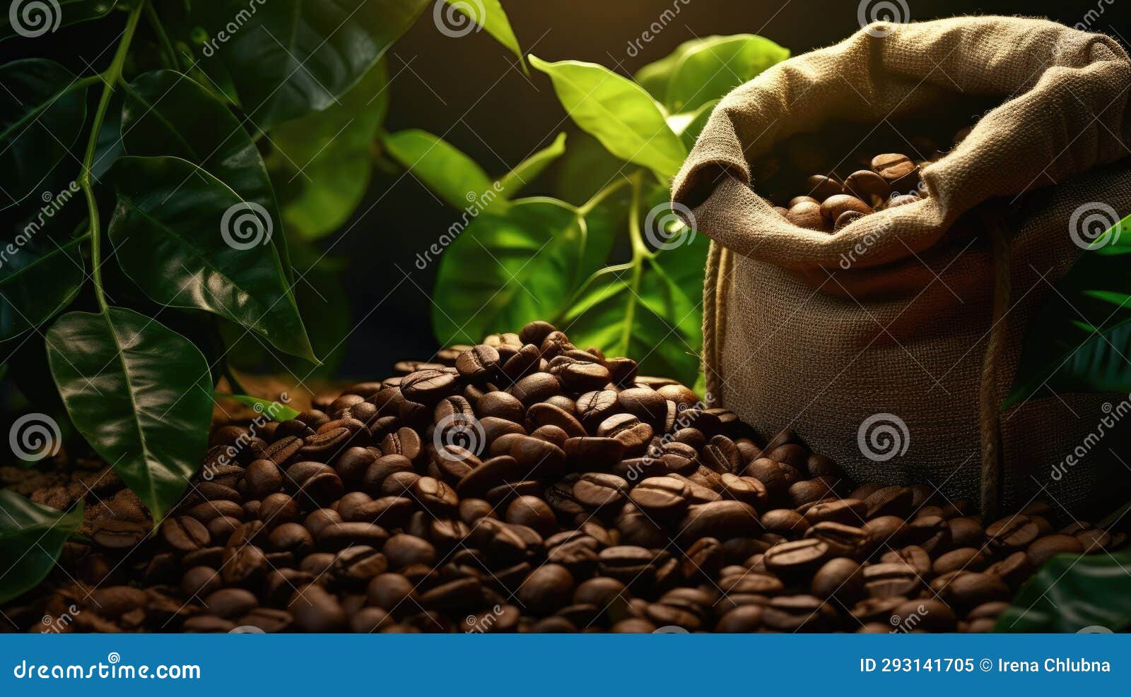 Open Bag with Coffee Beans a Green Leaves Stock Image - Image of ...