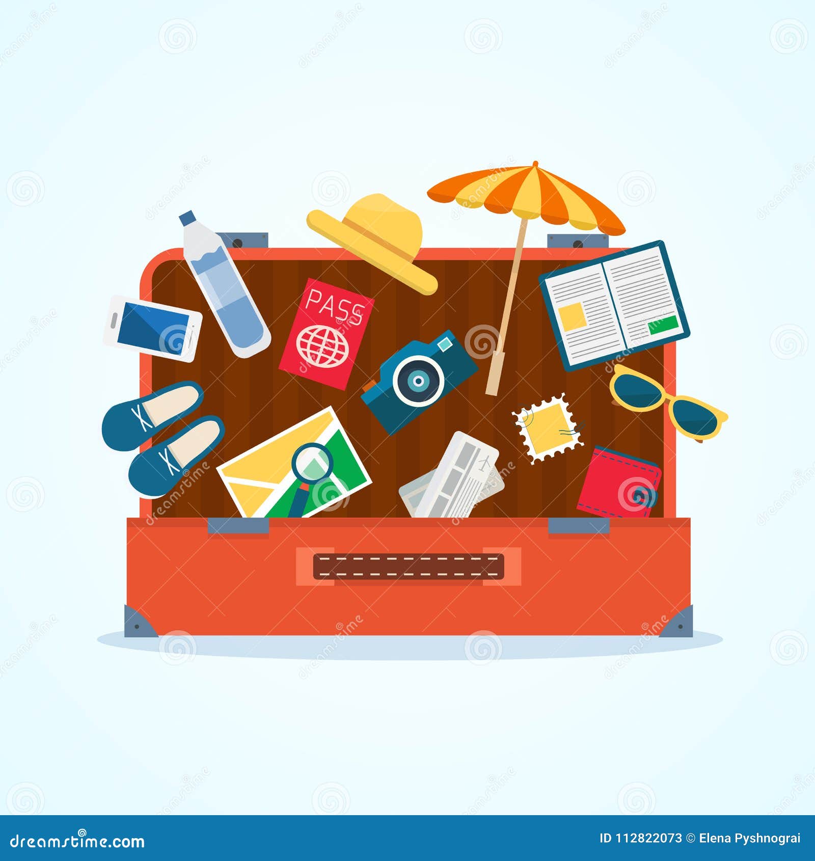 Open Baggage with Travel Icons and Objects. Stock Vector - Illustration ...