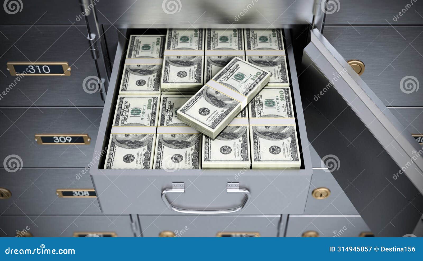 Open Bank Deposit Box Full of Dollar Bills. 3D Illustration Stock ...