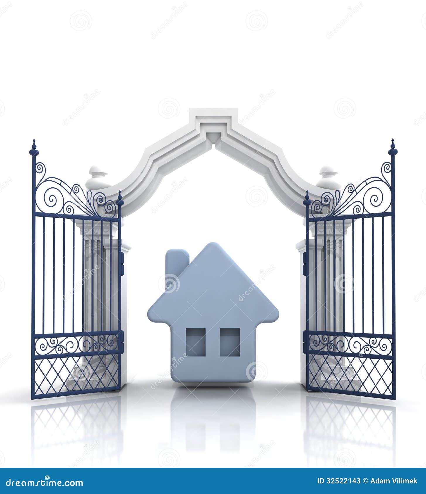 Open Baroque Gate with Blue House Stock Illustration - Illustration of ...