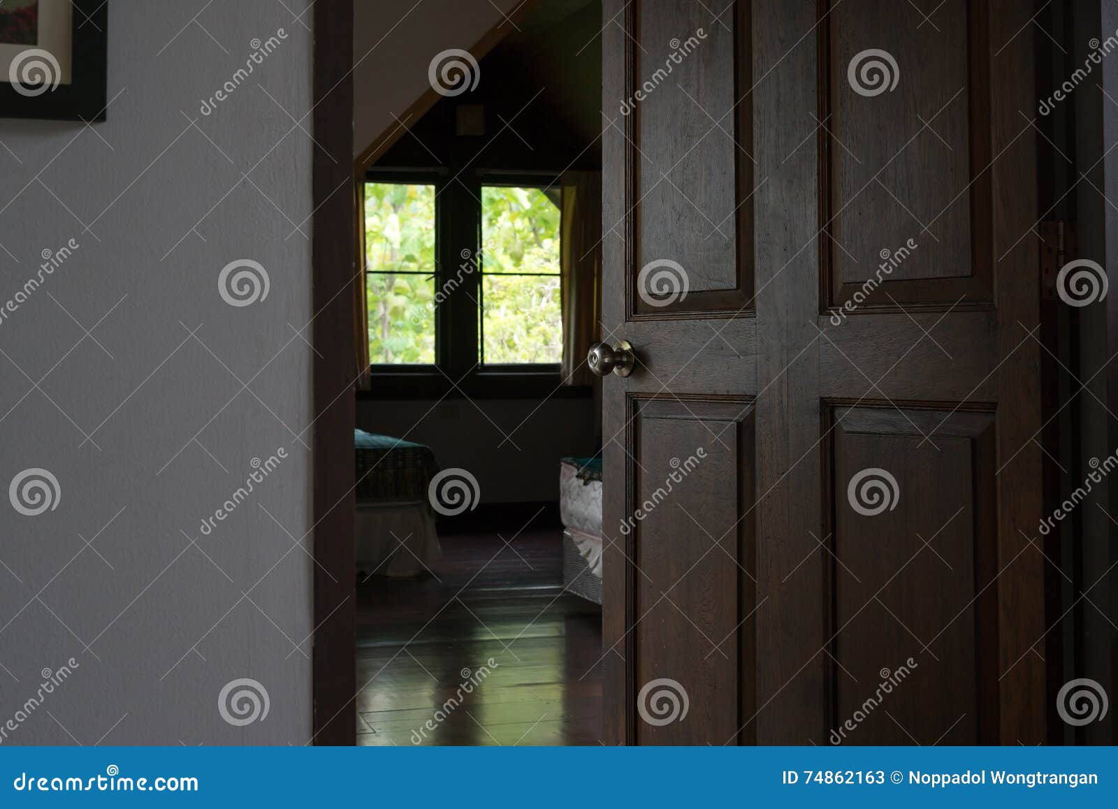 Open bedroom wooden door stock image. Image of frame - 74862163