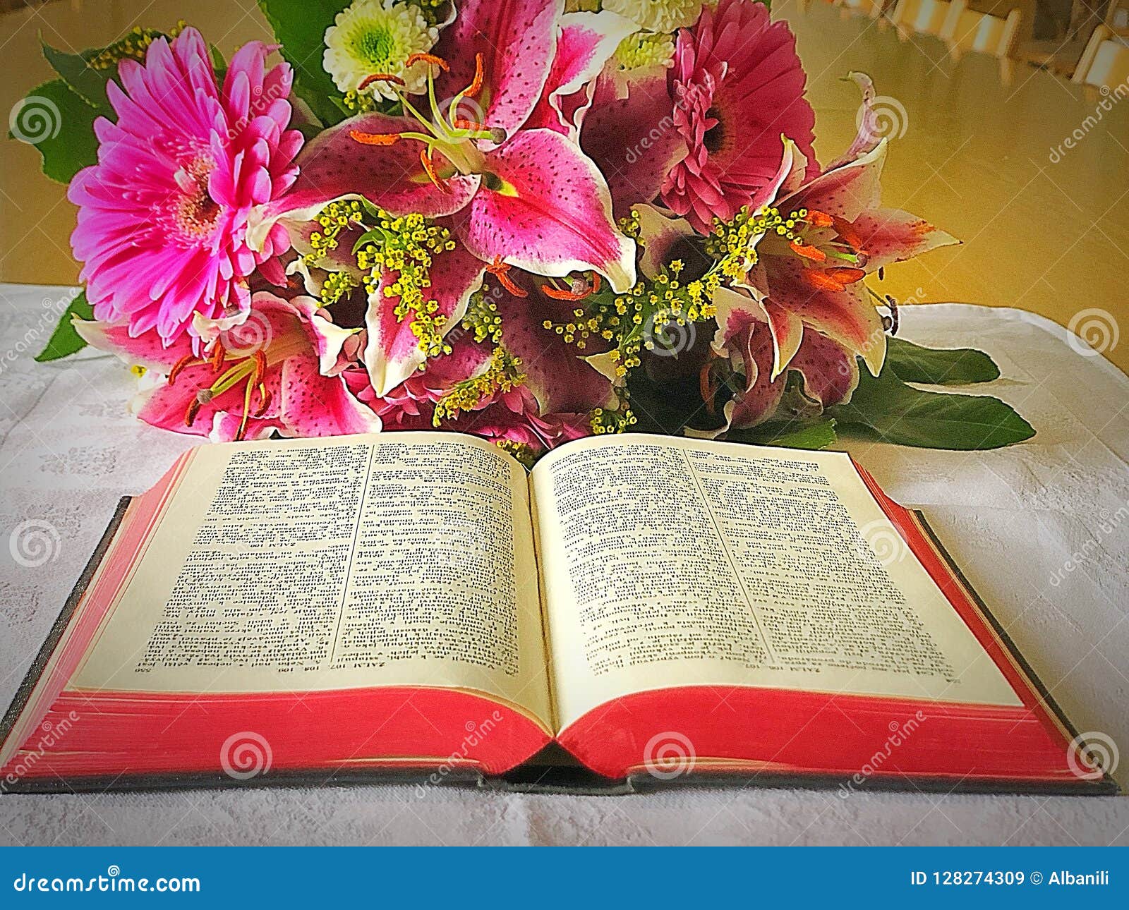 Open Bible With Cross And Flowers