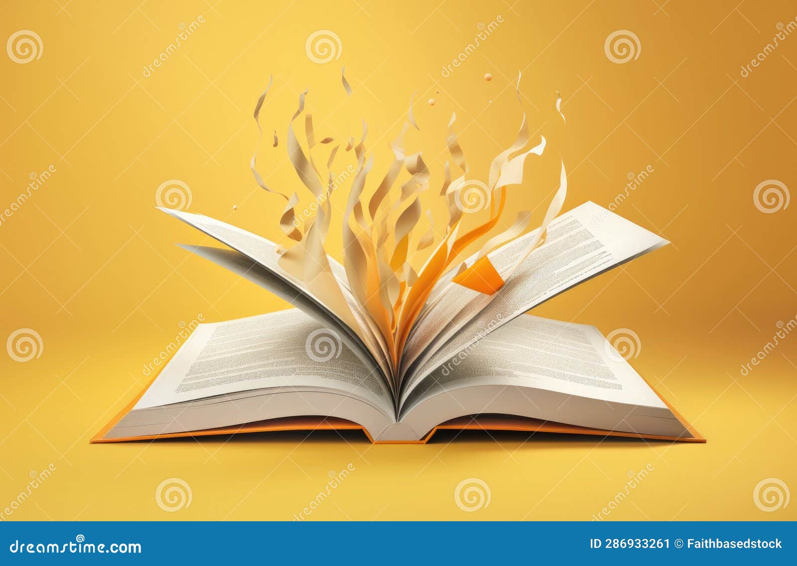 Open Bible with Flying Pages on Yellow Background. 3d Illustration ...