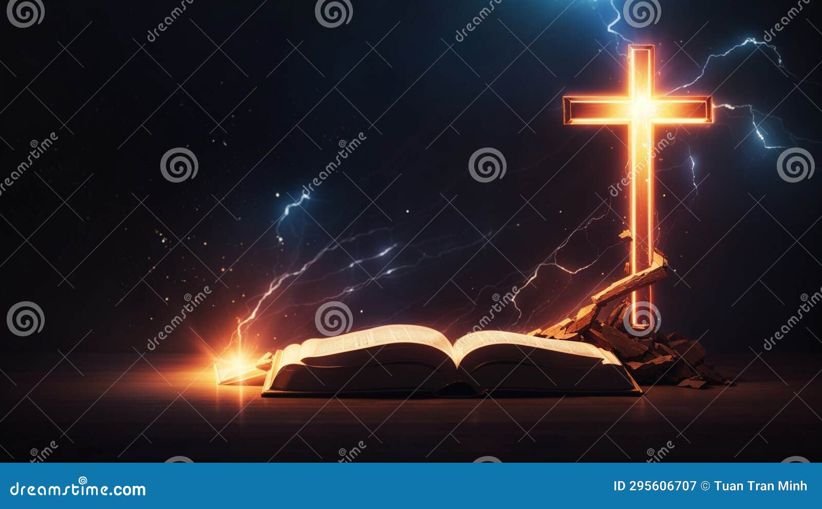 Open Bible with Glowing Cross on Horizontal Banner Stock Illustration ...