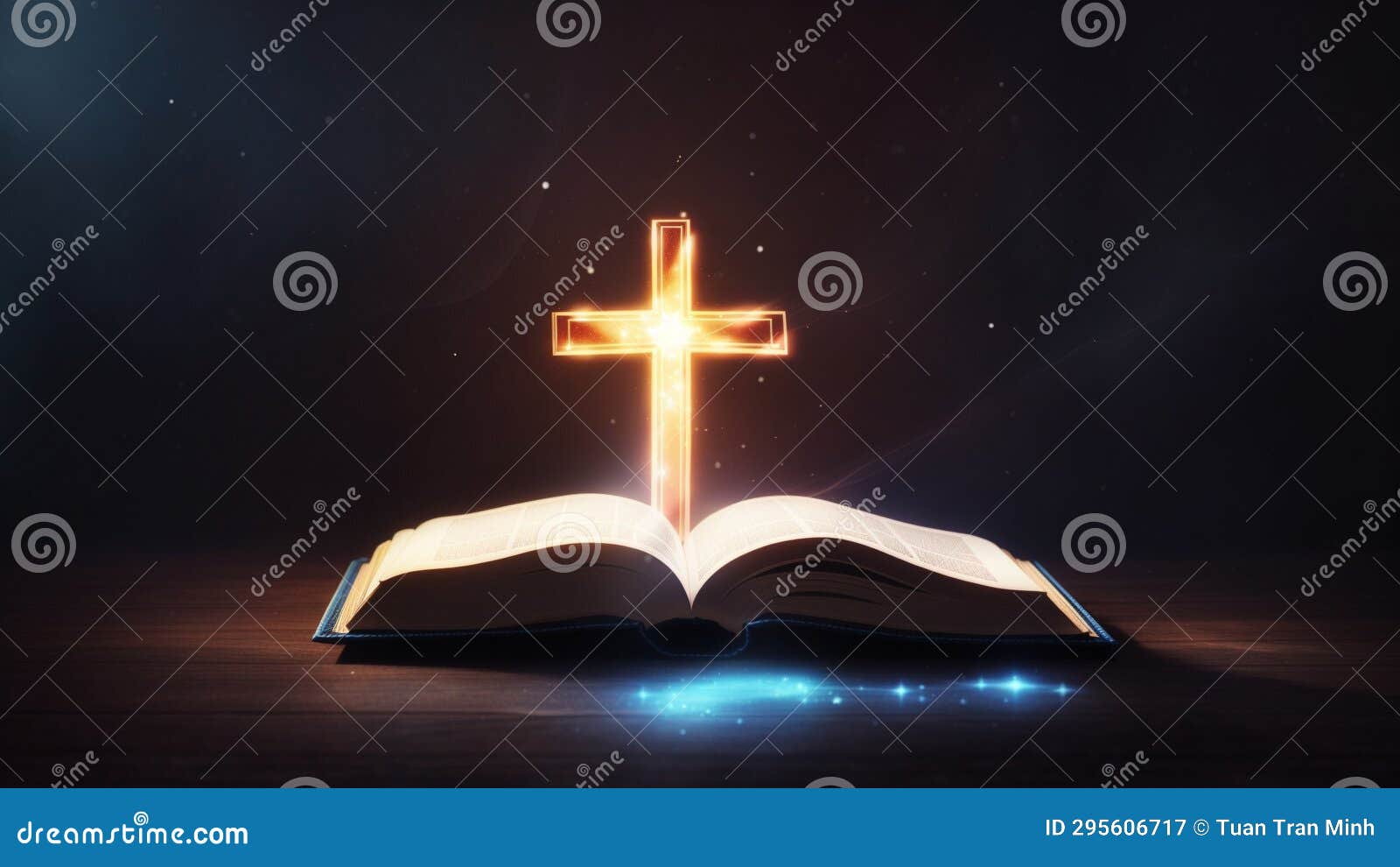 Open Bible with Glowing Cross on Horizontal Banner Stock Illustration ...