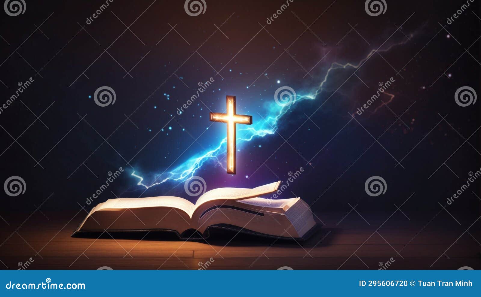 Open Bible with Glowing Cross on Horizontal Banner Stock Illustration ...