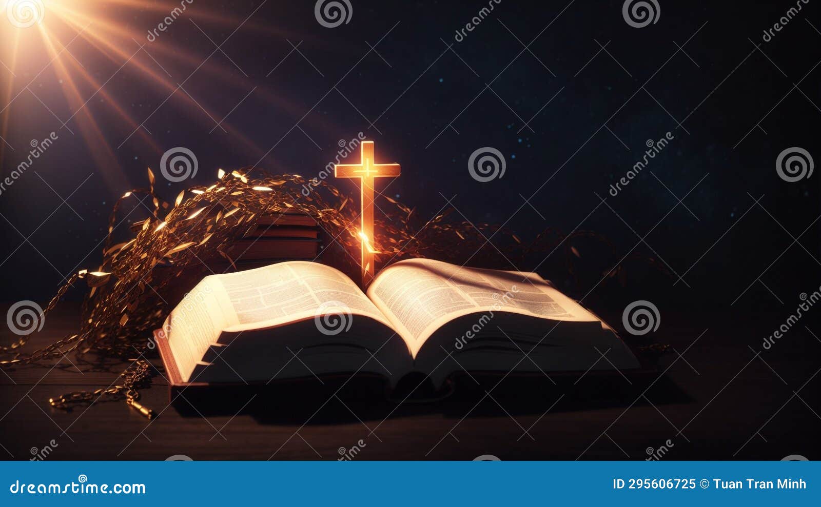 Open Bible with Glowing Cross on Horizontal Banner Stock Illustration ...