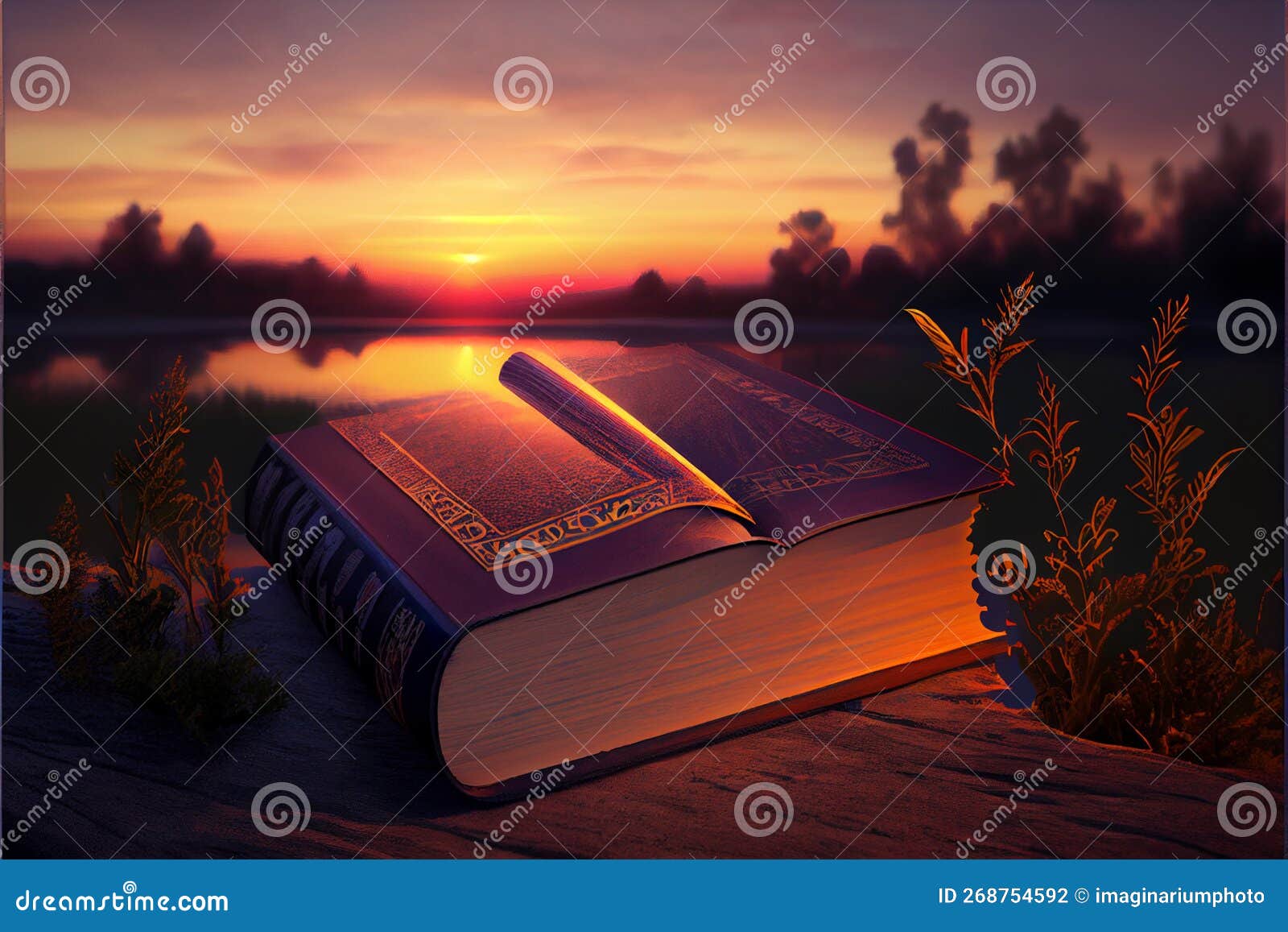 Open Bible on a Table with Sunset Light and Sea Background Stock ...
