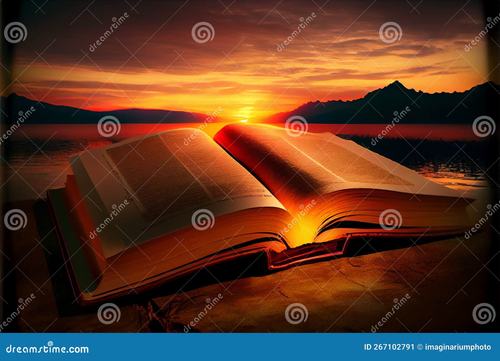 Open Bible on a Table with Sunset Light and Sea Background Stock ...