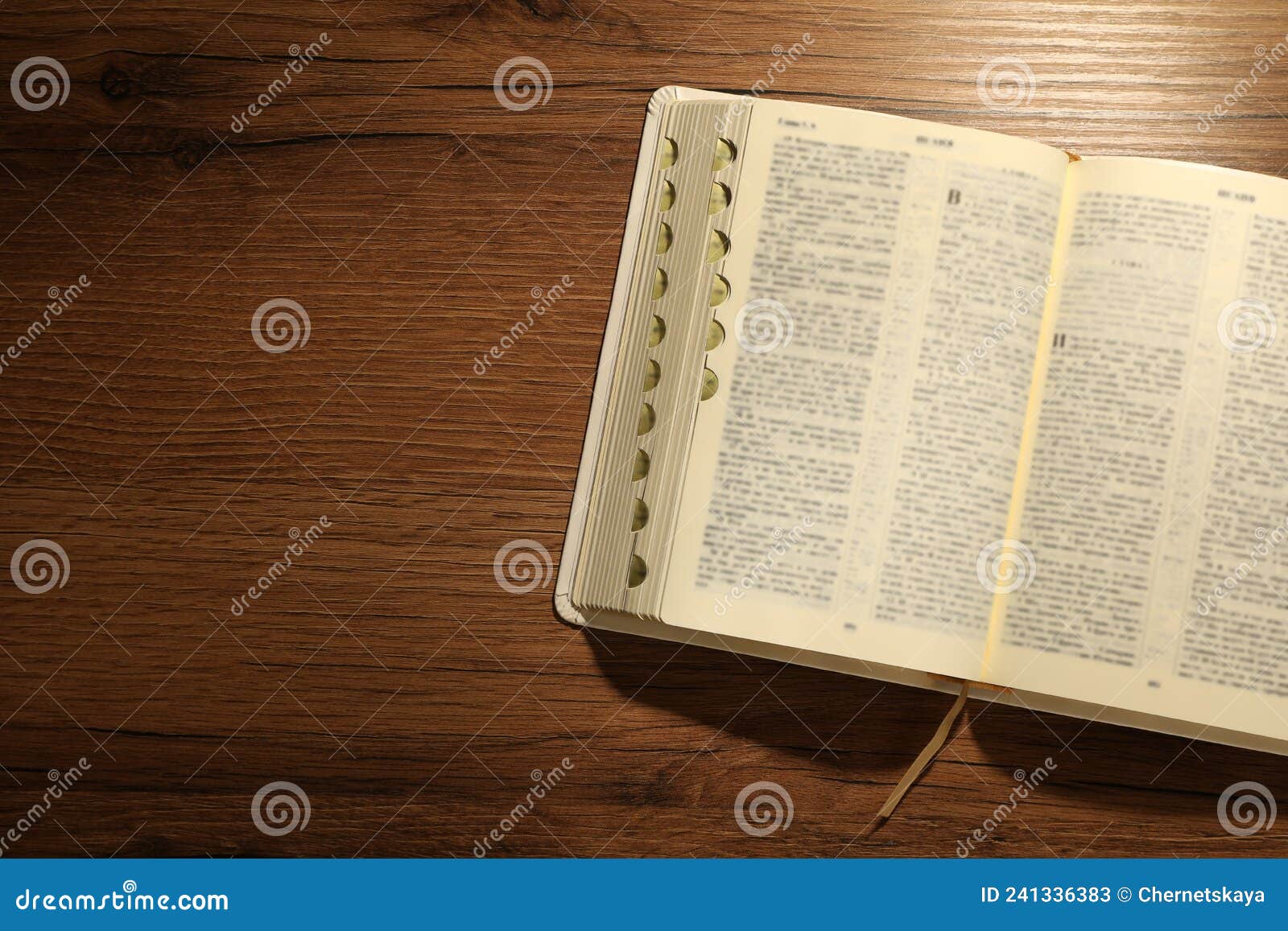 Open Bible on Wooden Table, Top View. Space for Text Stock Image ...