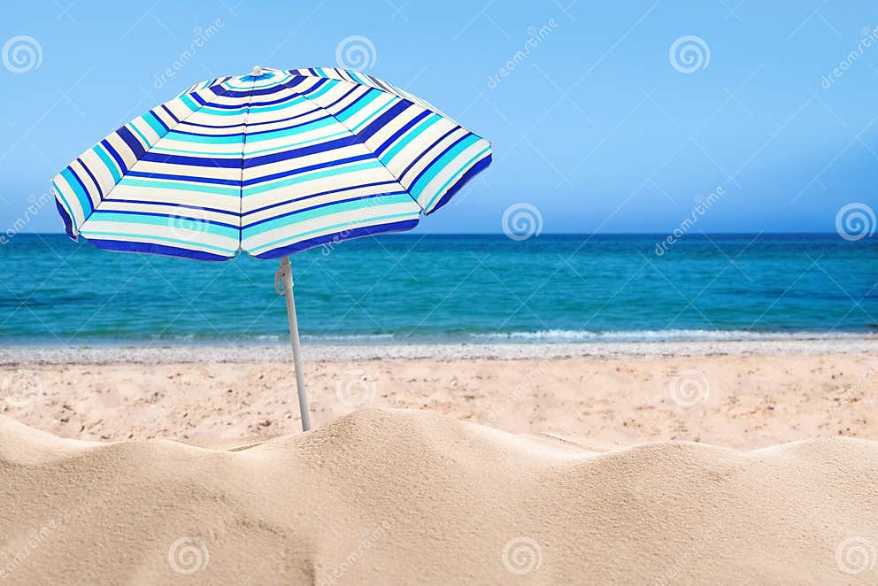 Open Big Beach Umbrella on Sandy Coast Stock Photo - Image of season ...