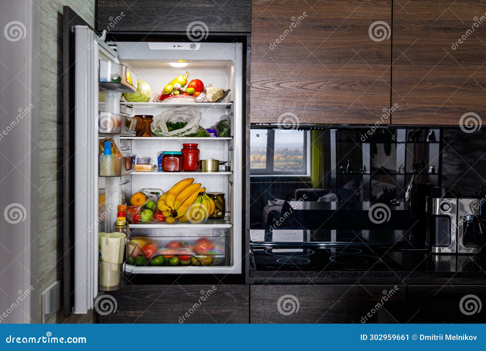 Open Big Fridge with Products in Kitchen Stock Image - Image of fresh ...