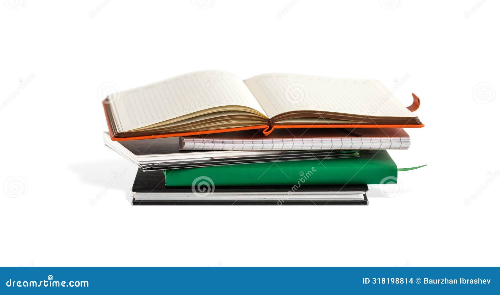 Open Blank Notepad. Stack of Books Isolated on White Background Stock ...