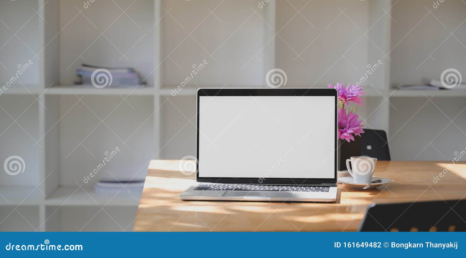 Open Blank Screen Laptop Computer in Comfortable Workspace with Pink ...