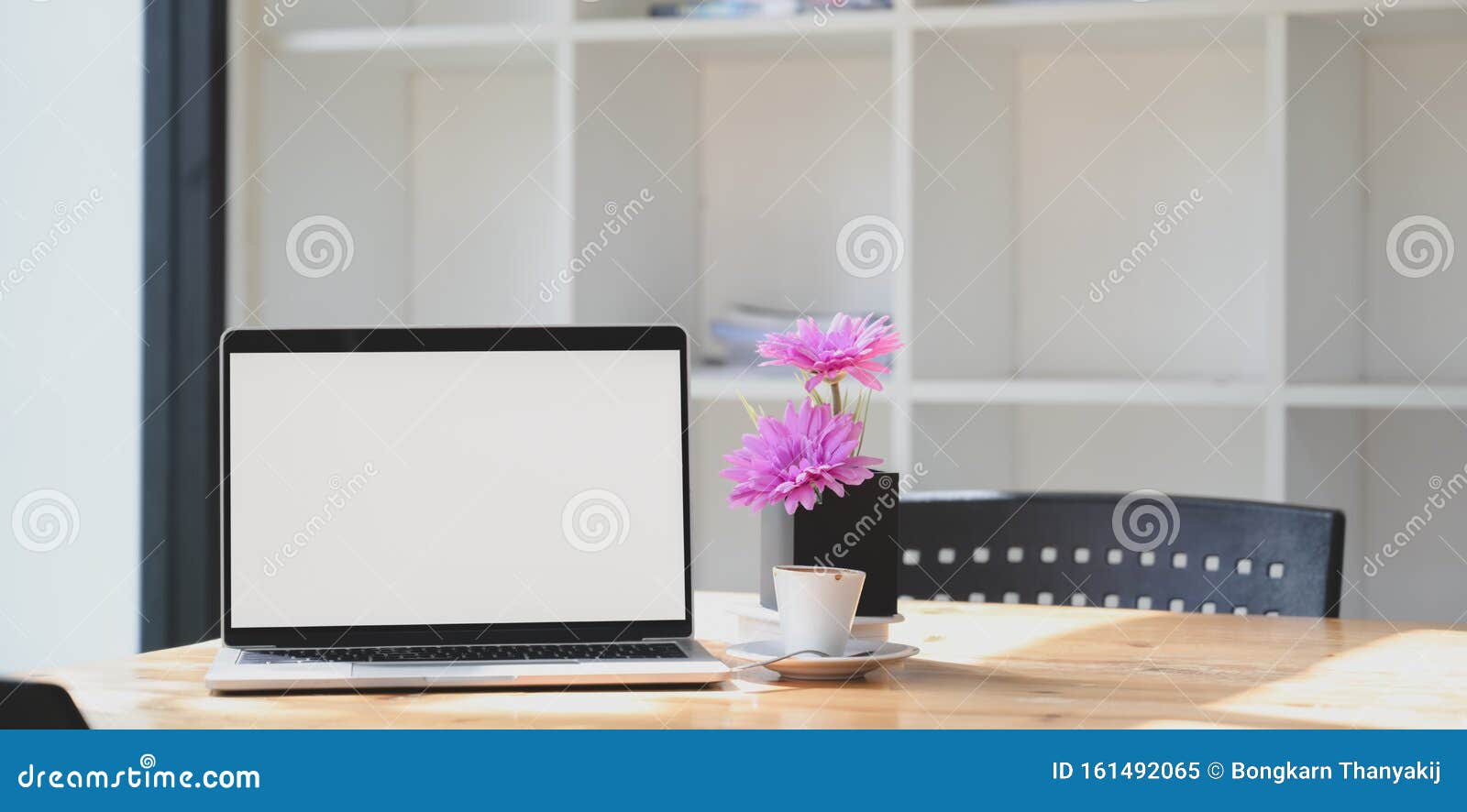 Open Blank Screen Laptop Computer in Comfortable Workspace with Pink ...