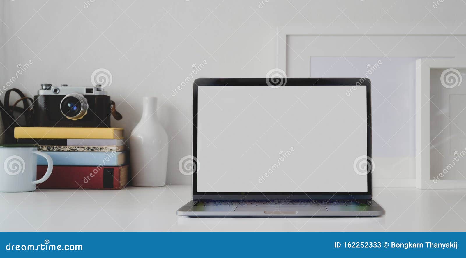 Open Blank Screen Laptop Computer in Minimal Workplace with Camera ...
