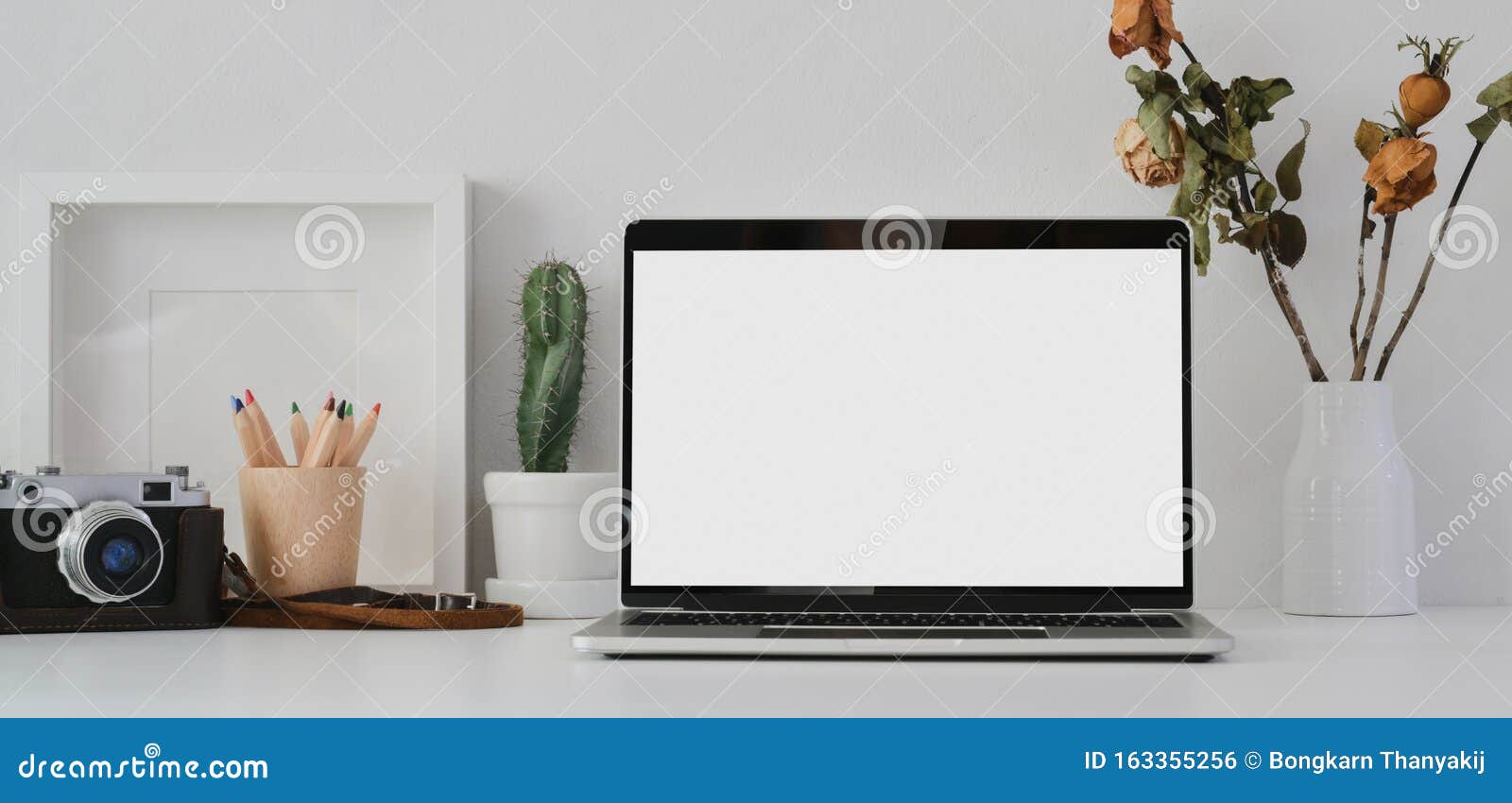 Open Blank Screen Laptop Computer in Modern Office Room with Office ...