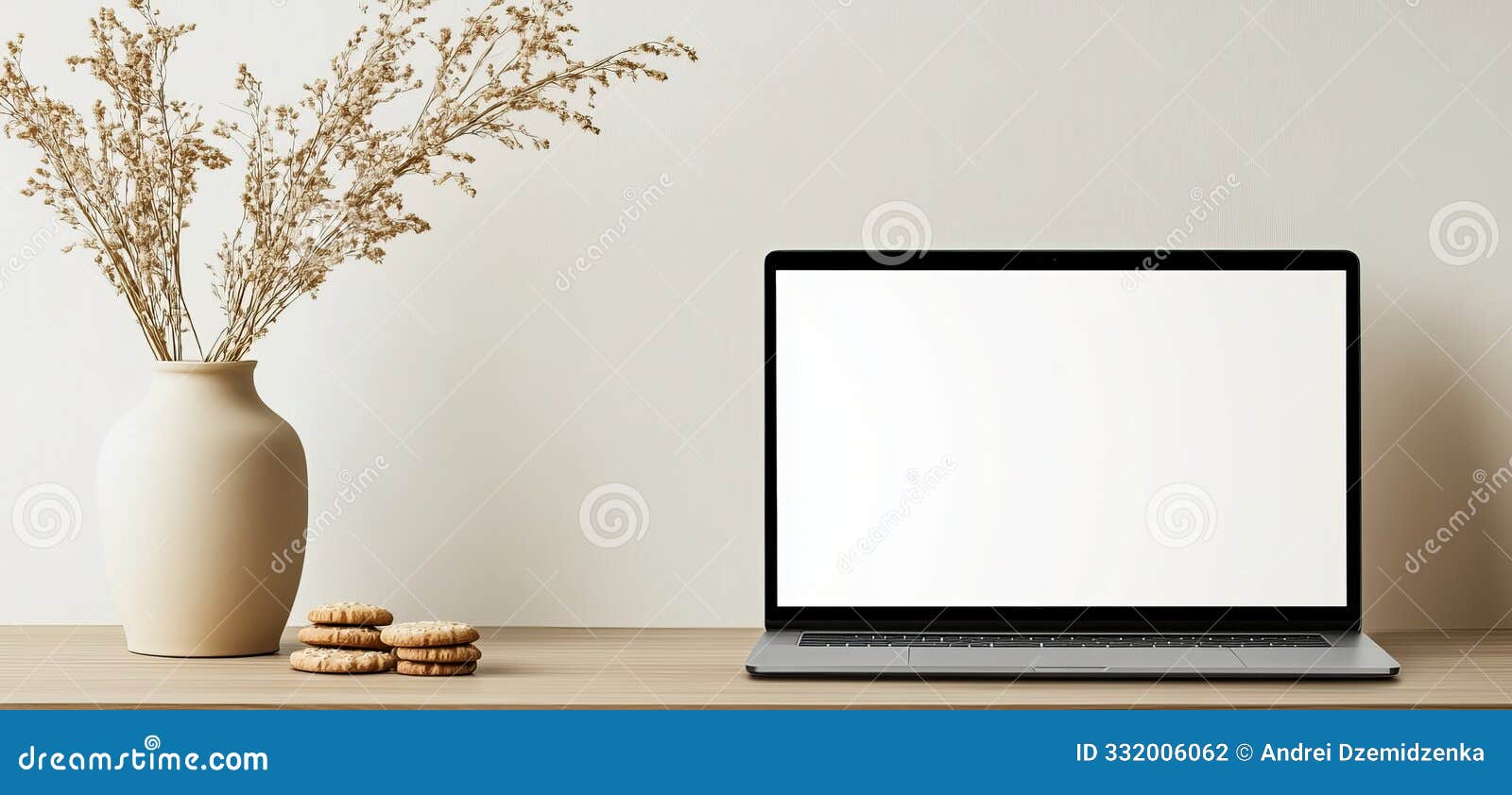 An Open Blank Screen Laptop Computer and Office Supplies Provide a ...