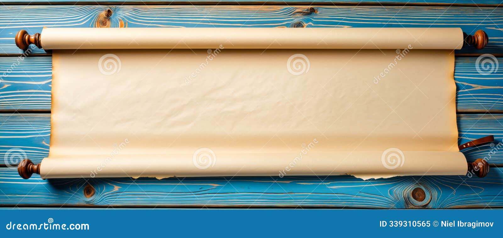 An Open Blank Scroll on a Blue Rustic Wooden Table Stock Image - Image ...