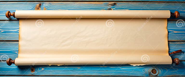 An Open Blank Scroll on a Blue Rustic Wooden Table Stock Image - Image ...