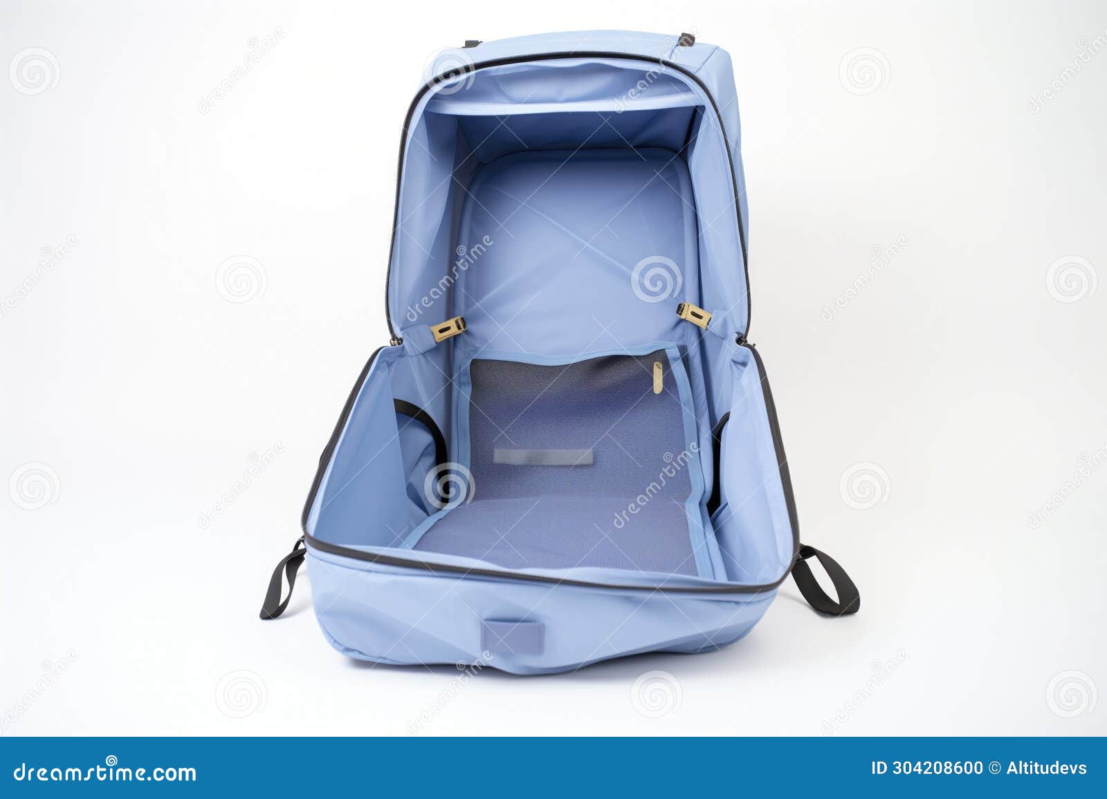 Open Blue Backpack Revealing Empty Interior, White Backdrop Stock Photo ...