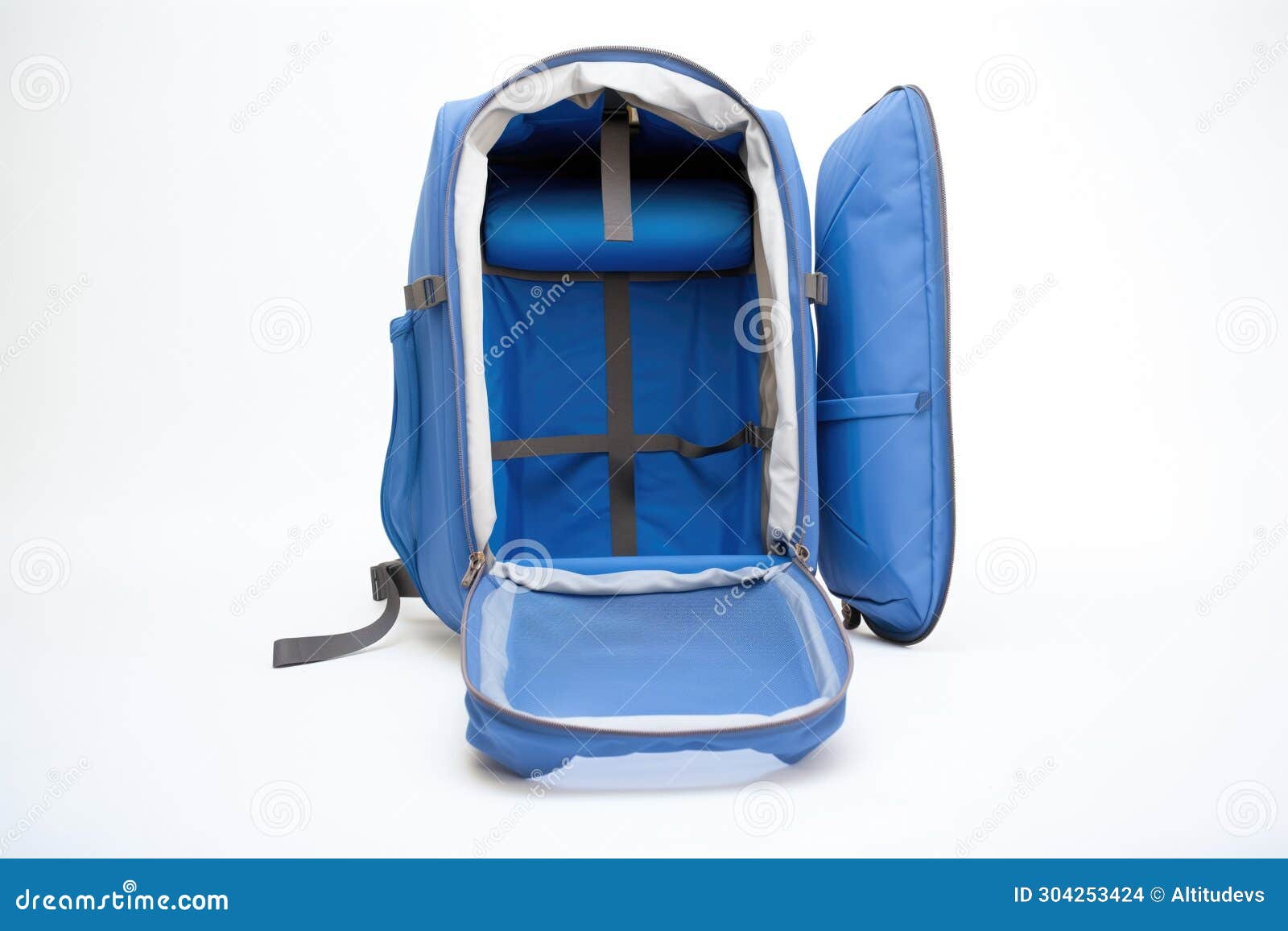 Open Blue Backpack Revealing Empty Interior, White Backdrop Stock Photo ...
