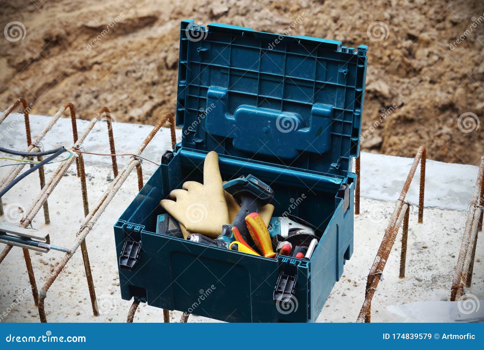 Open Blue Dirty Tool Box with Various Tools and Gloves Stock Image ...