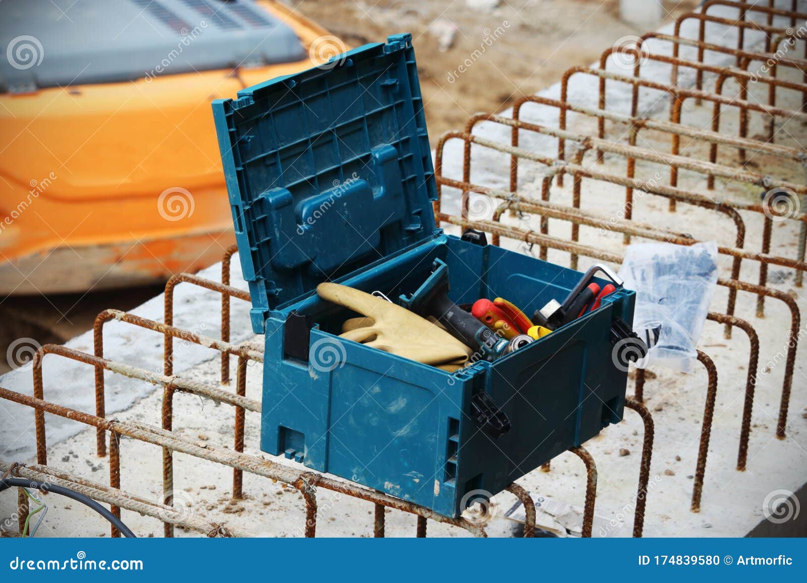 Open Blue Dirty Tool Box with Various Tools and Gloves Stock Photo ...
