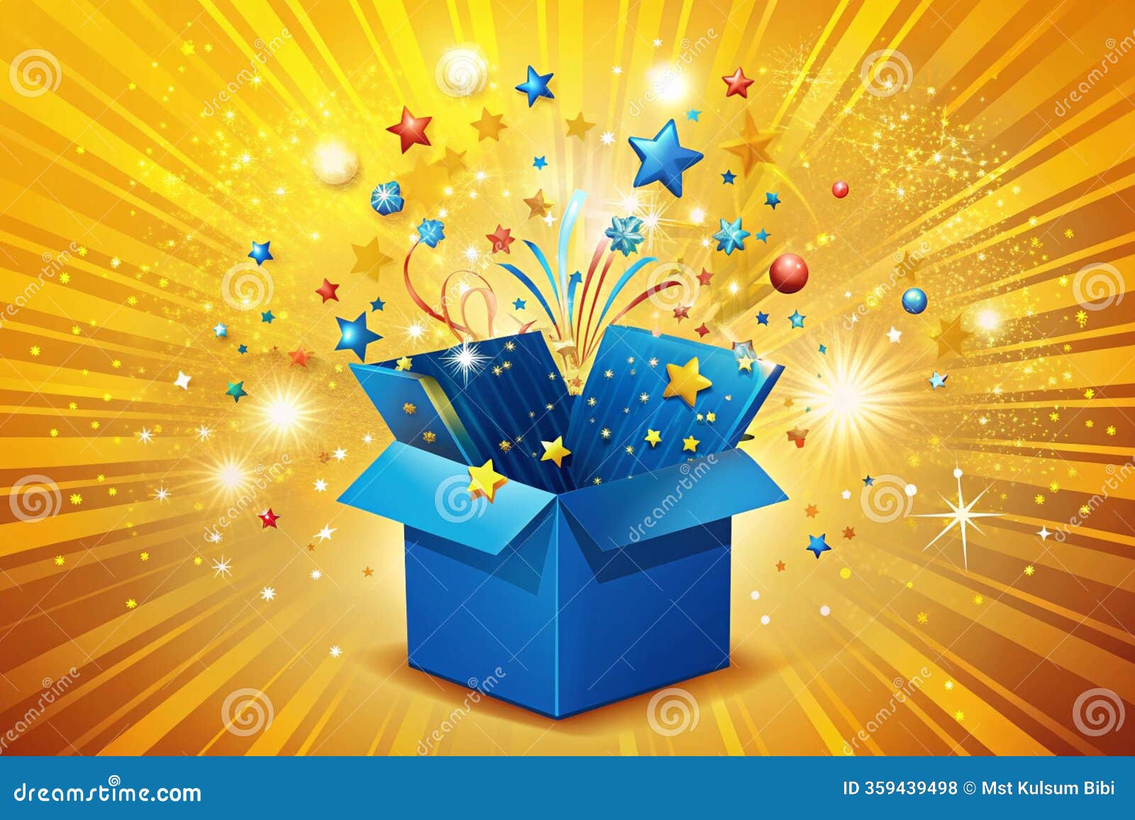 Open Blue Gift Box and Confetti on Yellow Background Stock Illustration ...