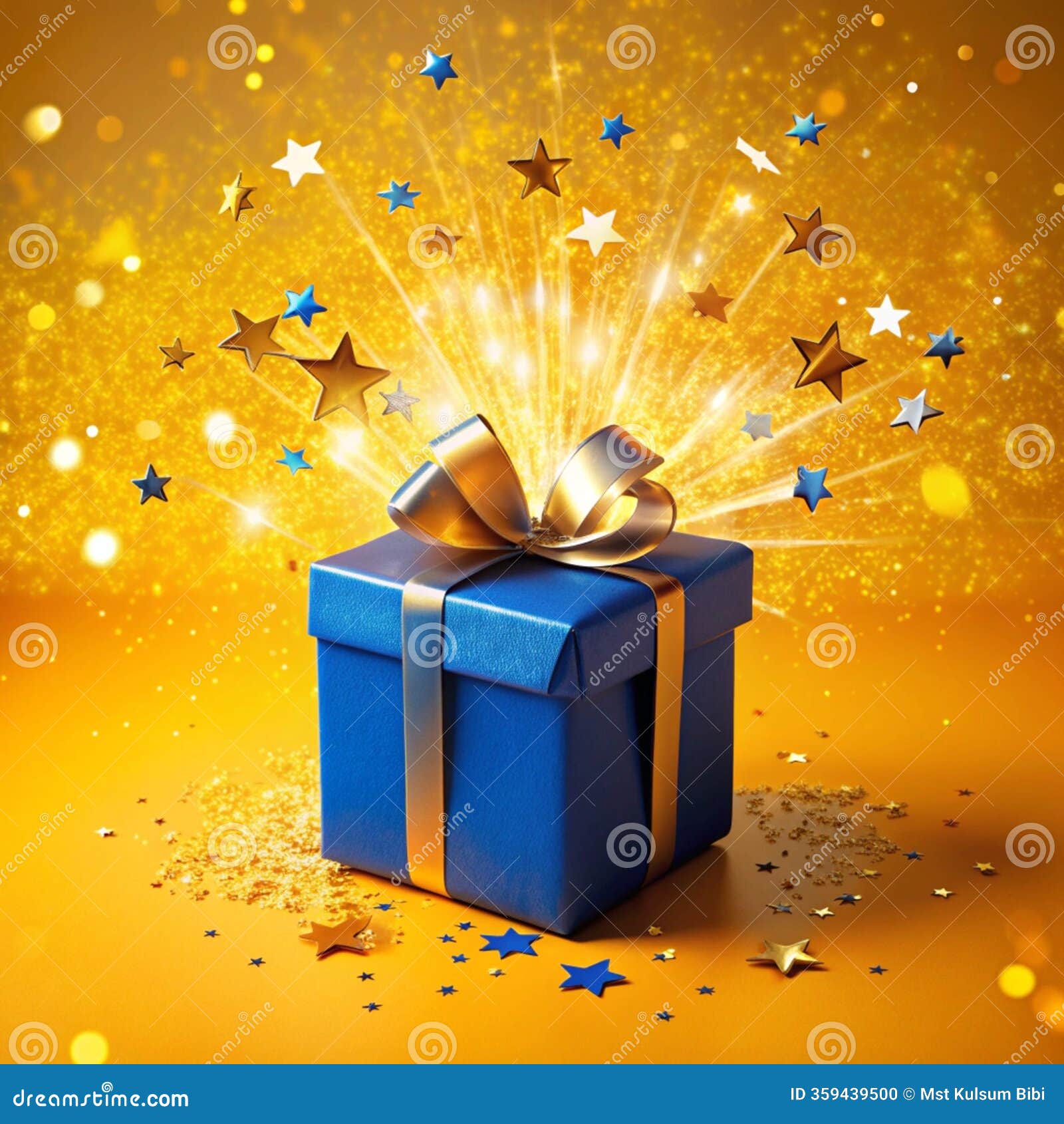 Open Blue Gift Box and Confetti on Yellow Background Stock Illustration ...
