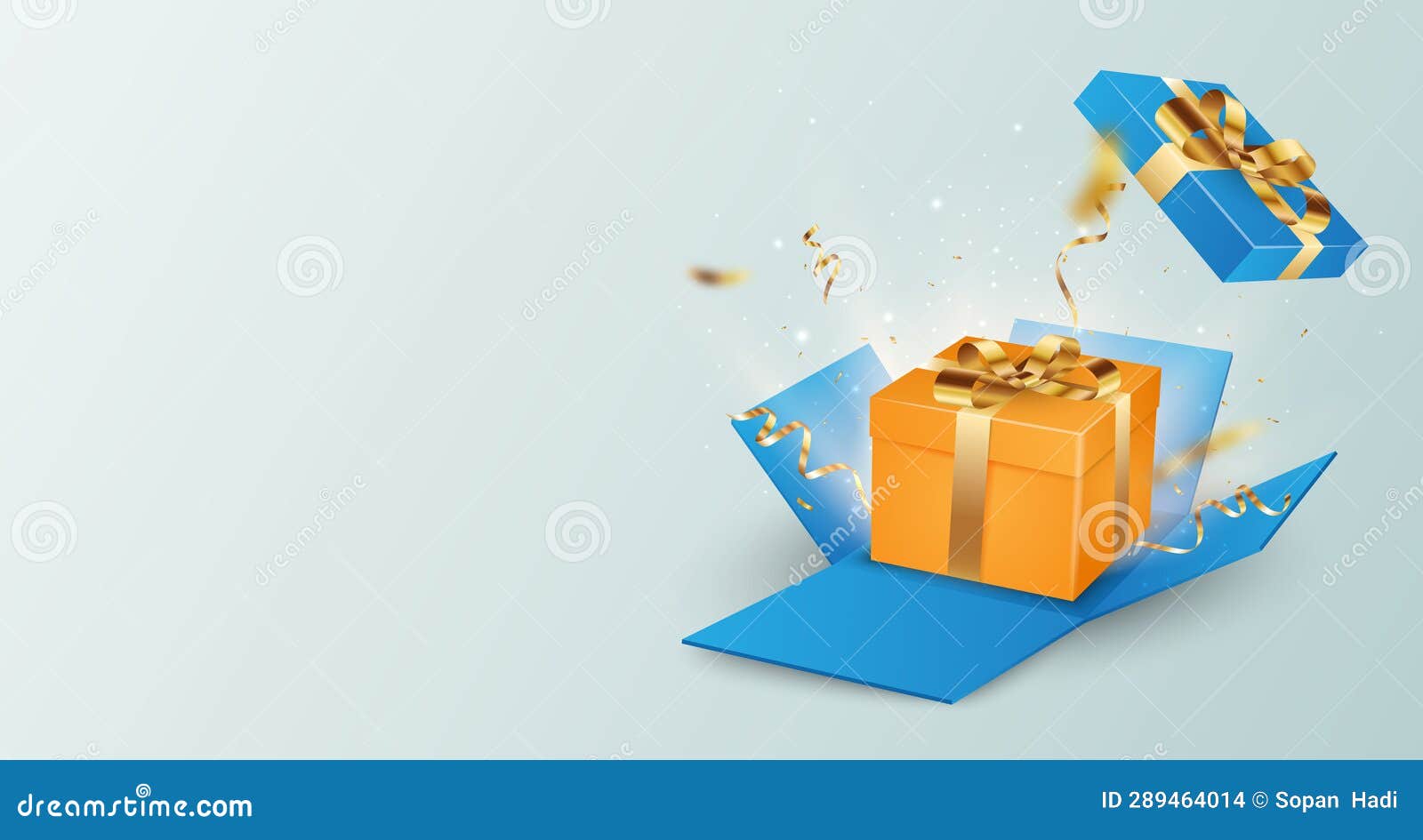 Open Blue Gift Box and Gold Confetti Banner Stock Illustration ...