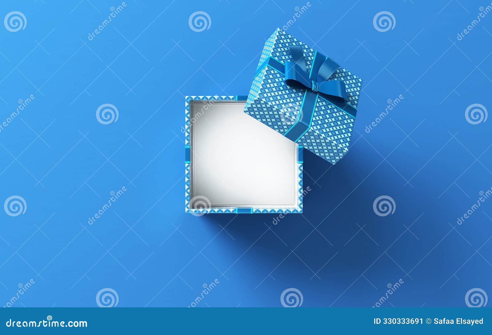 Open Blue Gift Box Tied with Blue Ribbon on Blue Background Stock ...
