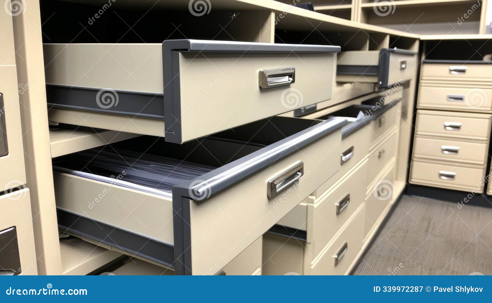 Open Blue Orange Drawers of Filing Cabinets for Storing Data, Archives ...