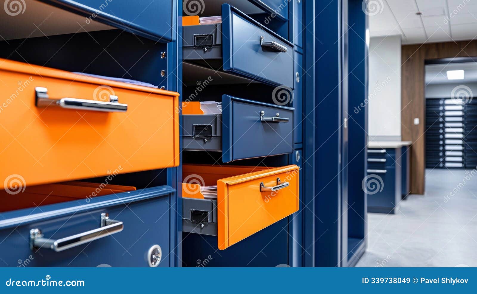 Open Blue Orange Drawers of Filing Cabinets for Storing Data, Archives ...