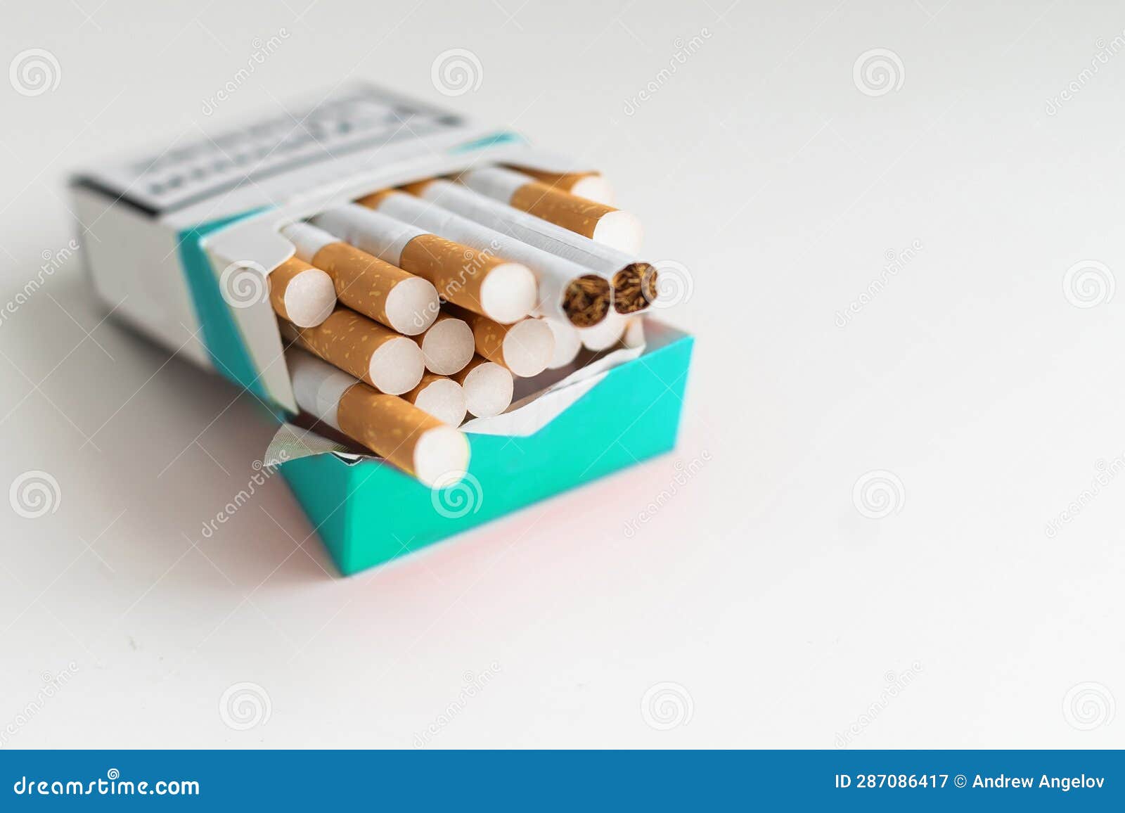 Open Blue Pack of Cigarettes Isolated on White Background. Box of ...