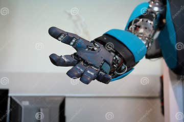 Open Blue Robot Hand Closeup Stock Image - Image of technology, cyborg ...