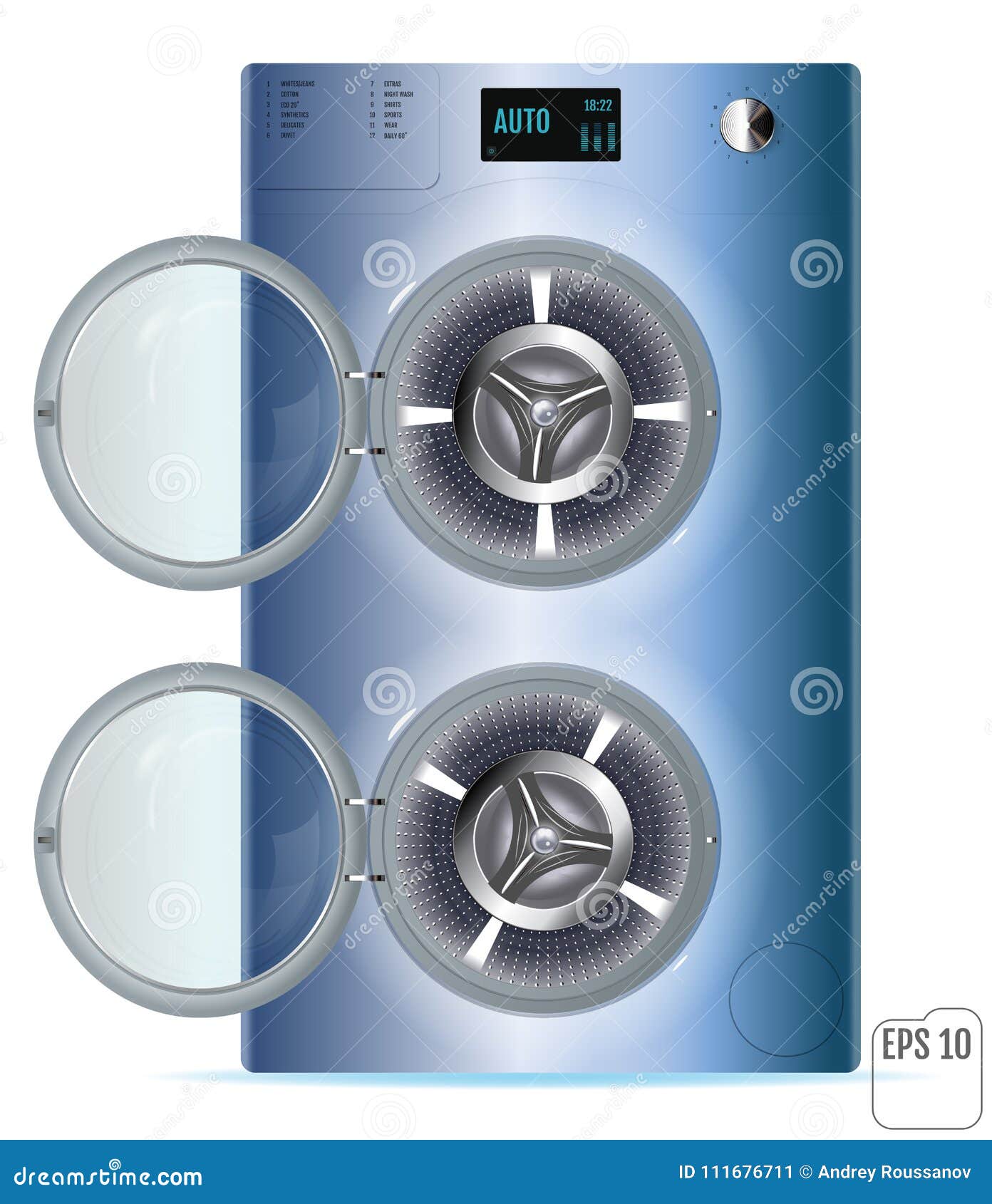 Open Blue Steel Front Load Double Washing Machine Isolated on White ...