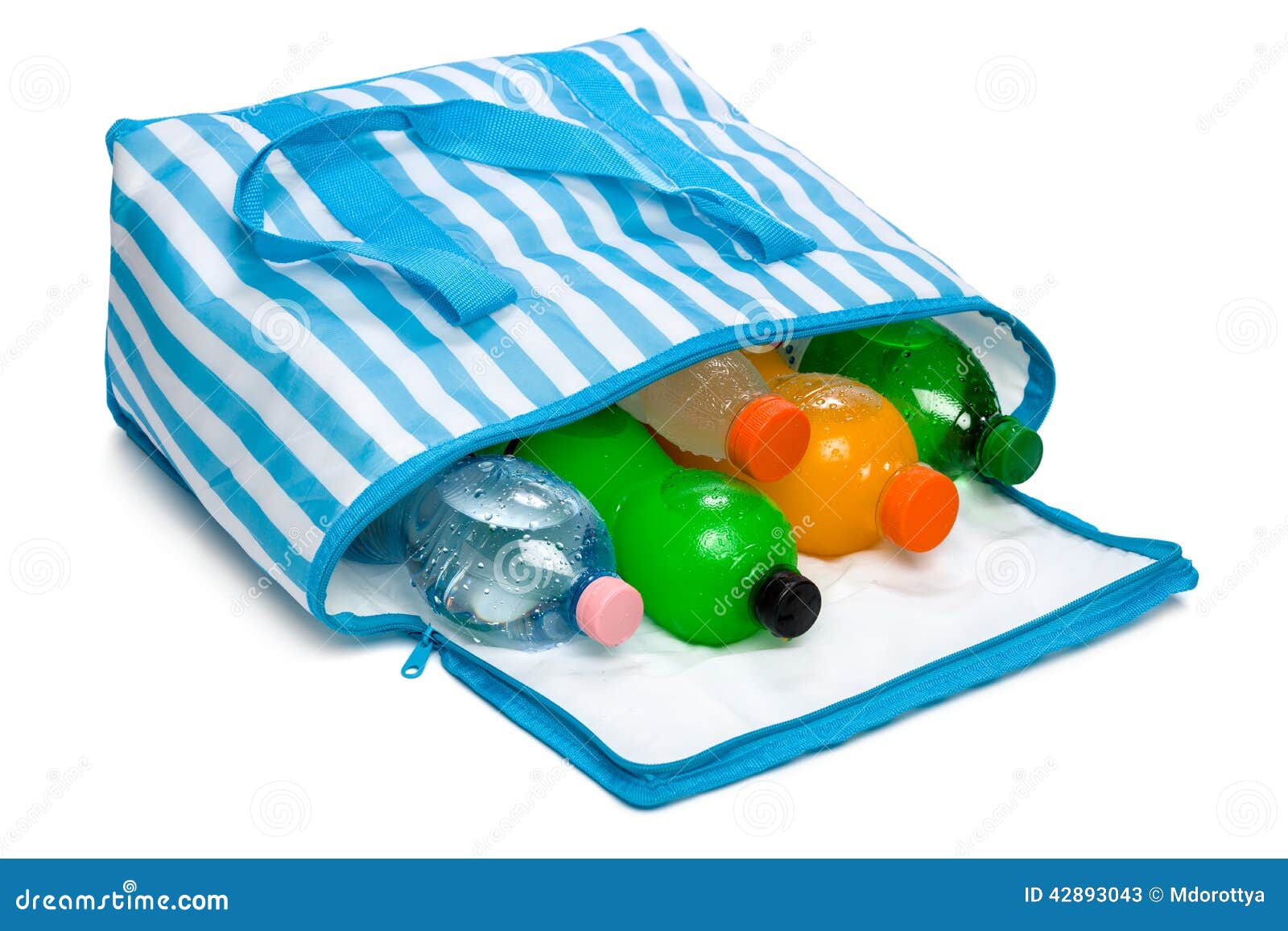 Open Blue Striped Cooler Bag with Five Cool Refreshing Drinks Stock ...