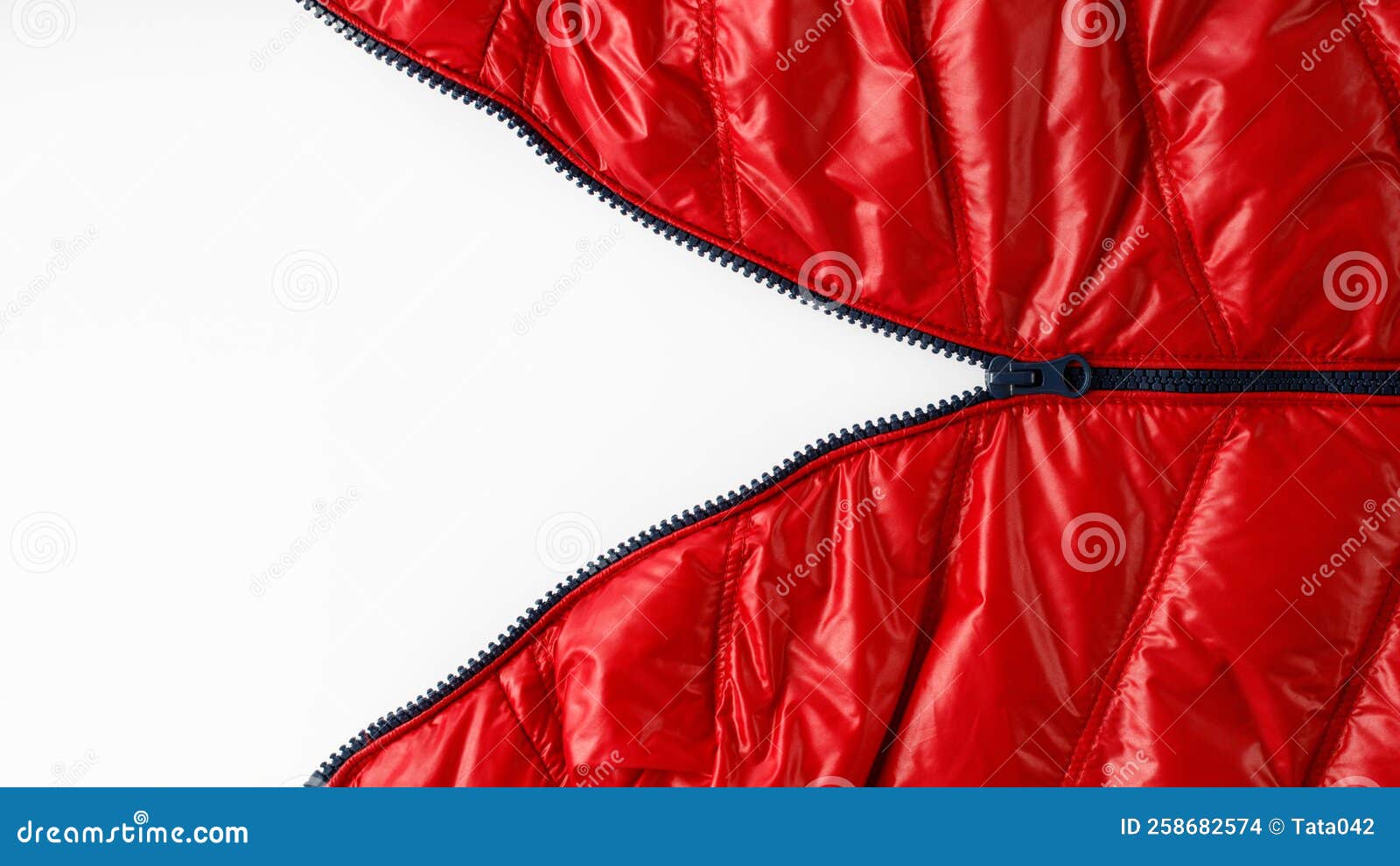 Open Blue Zipper on Red Winter Down Jacket on Light Background Stock ...