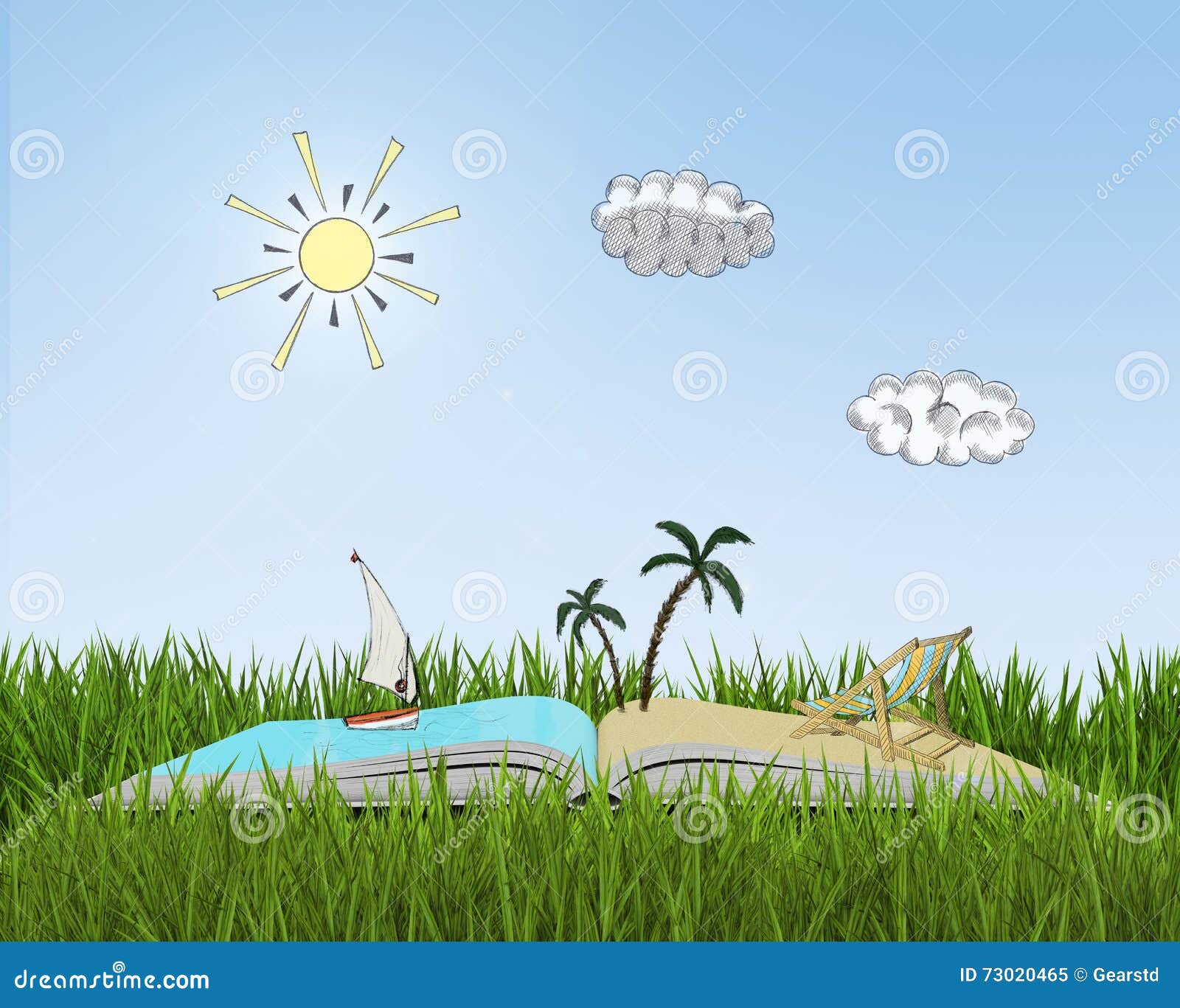 Open Boek Op Gras Met Schets Van Strand Stock Illustratie ...