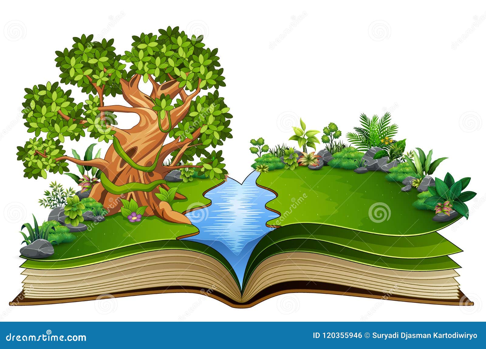 Open Book with Animals Cartoon on the Trees Stock Vector - Illustration ...