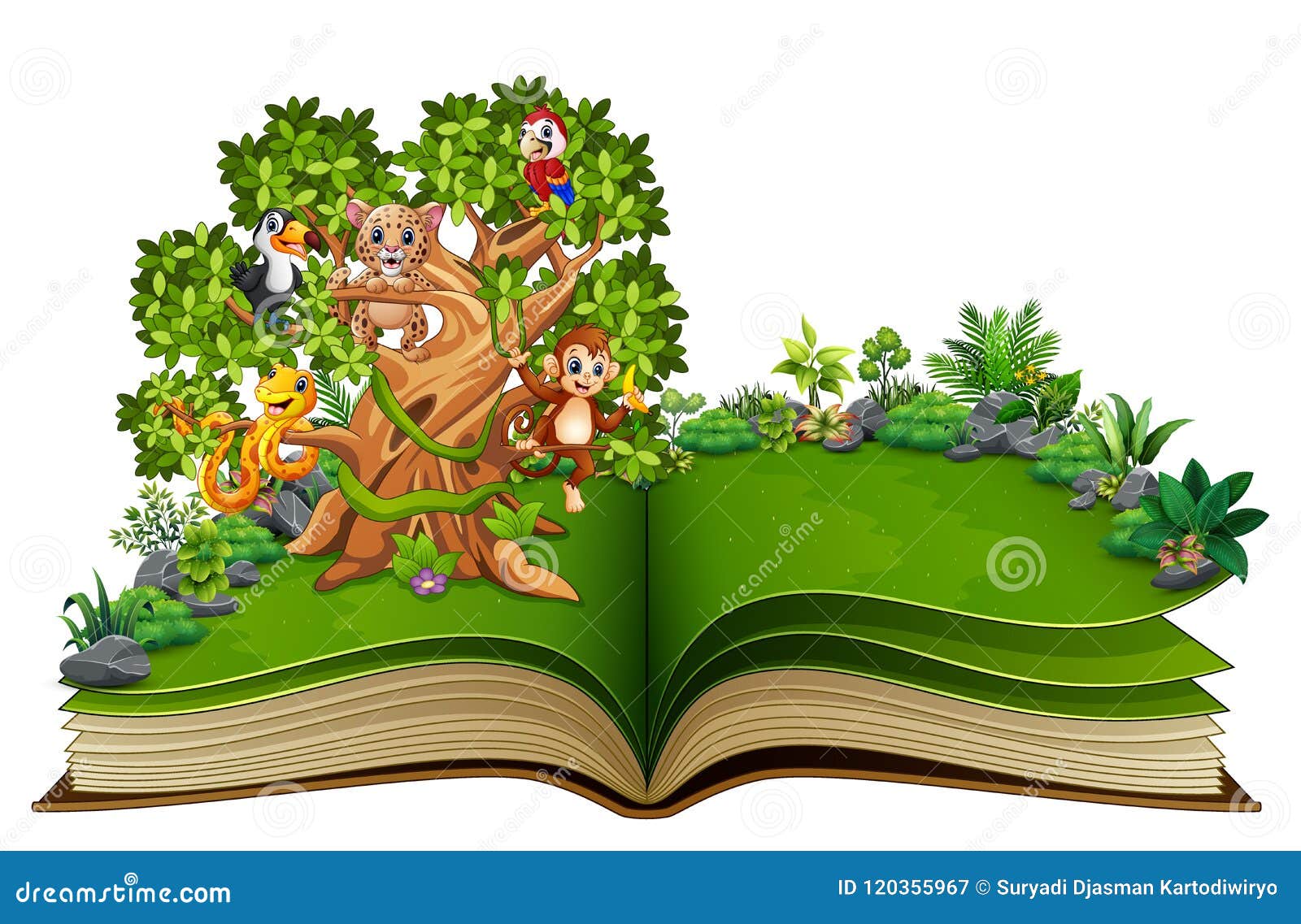 Open Book with Animals Cartoon on the Trees Stock Vector - Illustration ...