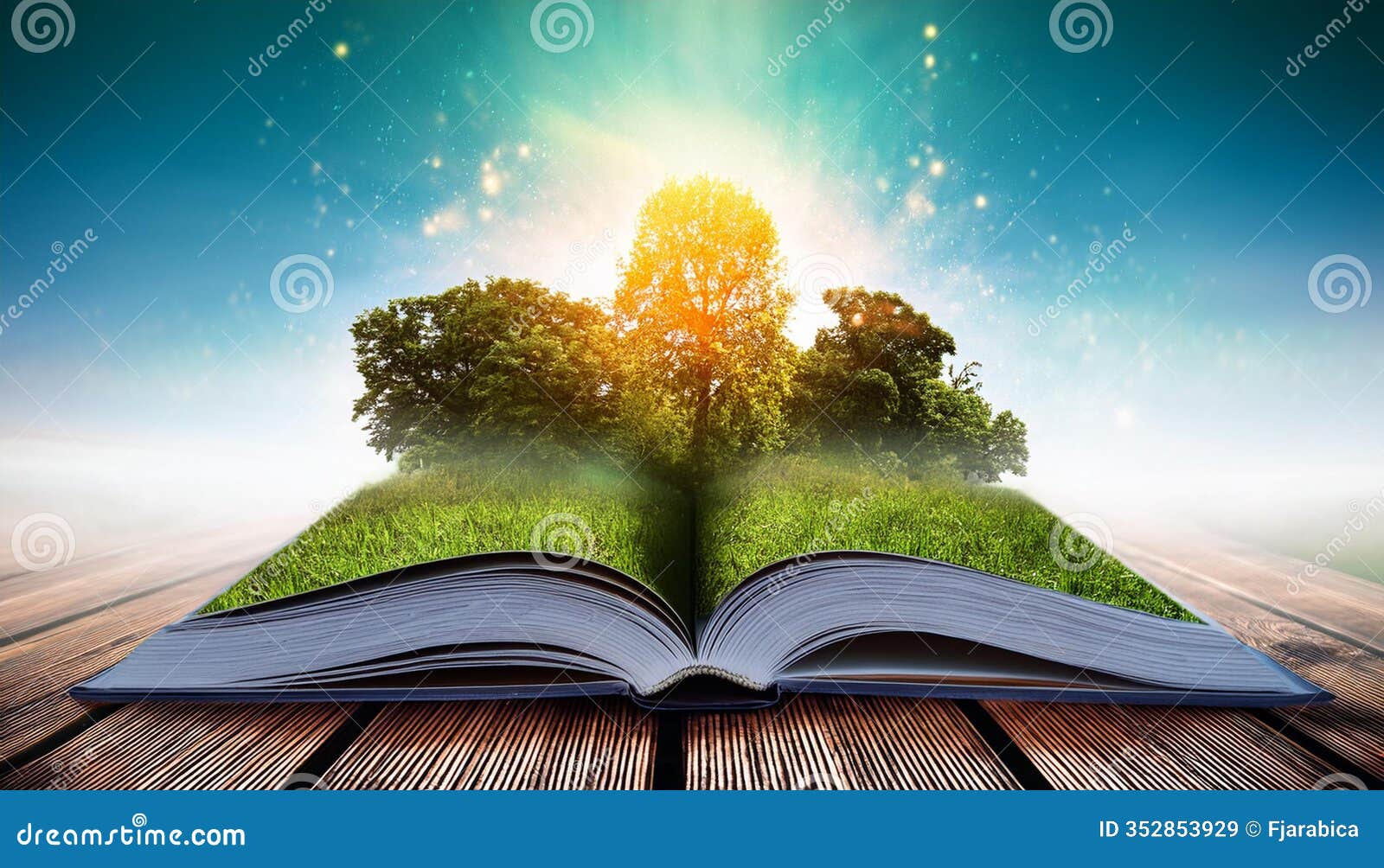 Open book on tree stock illustration. Illustration of magic - 352853929