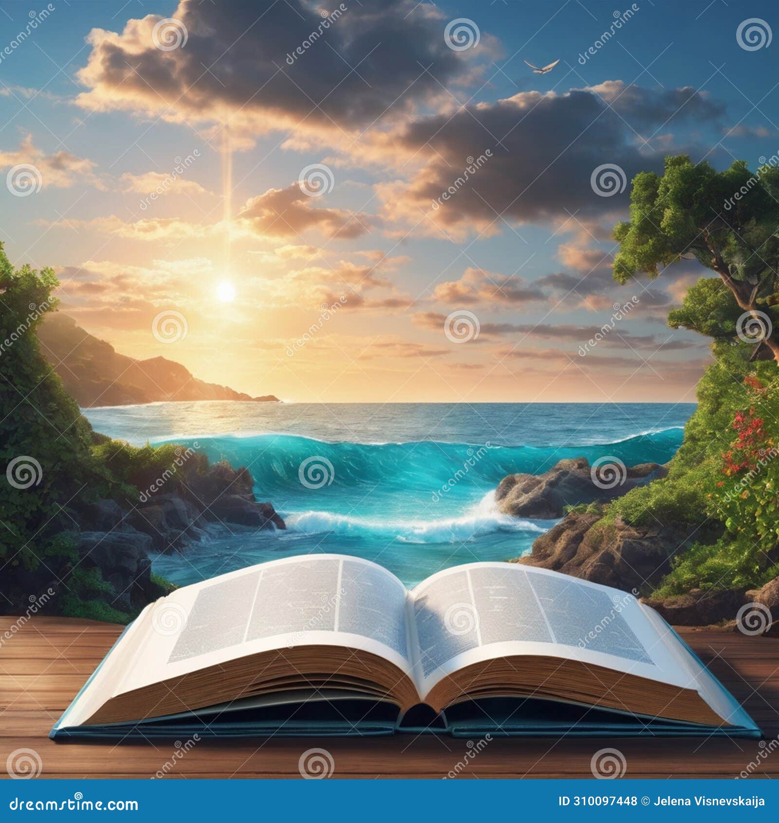 Open Book on the Beach at Sunset. Stock Illustration - Illustration of ...