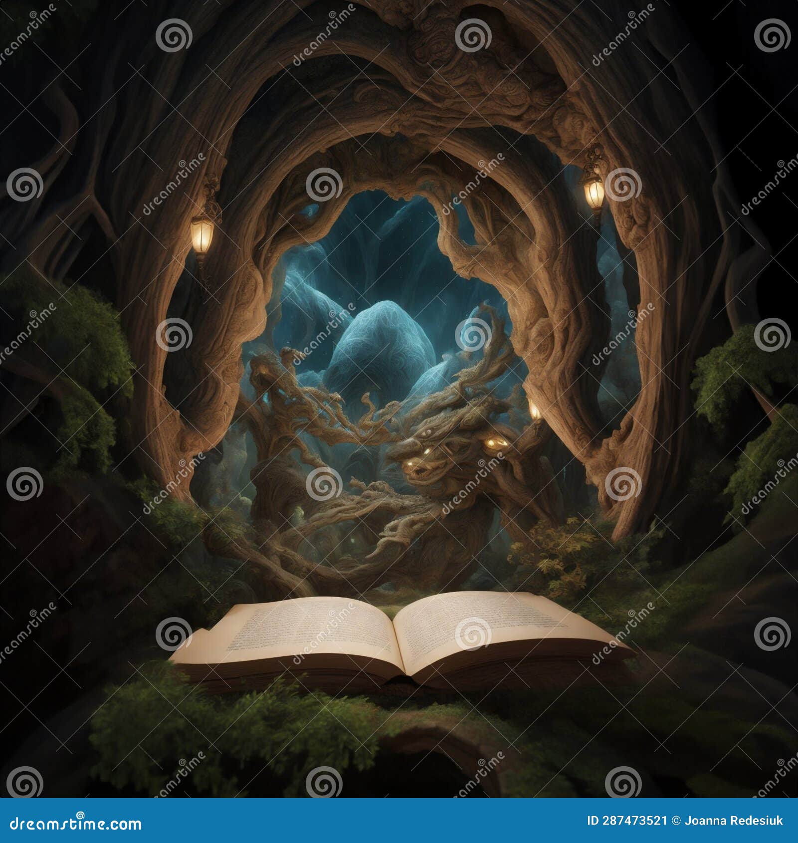 Open Book in Beautiful Mysterious Fairytale Forest Stock Illustration ...