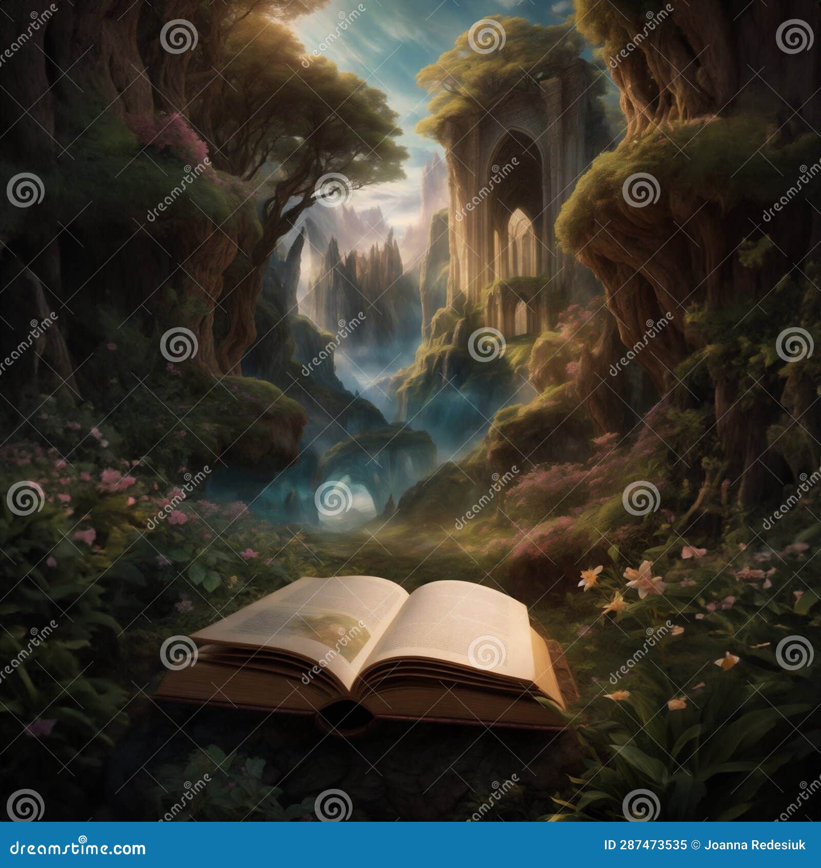 Open Book in Beautiful Mysterious Fairytale Forest Stock Illustration ...