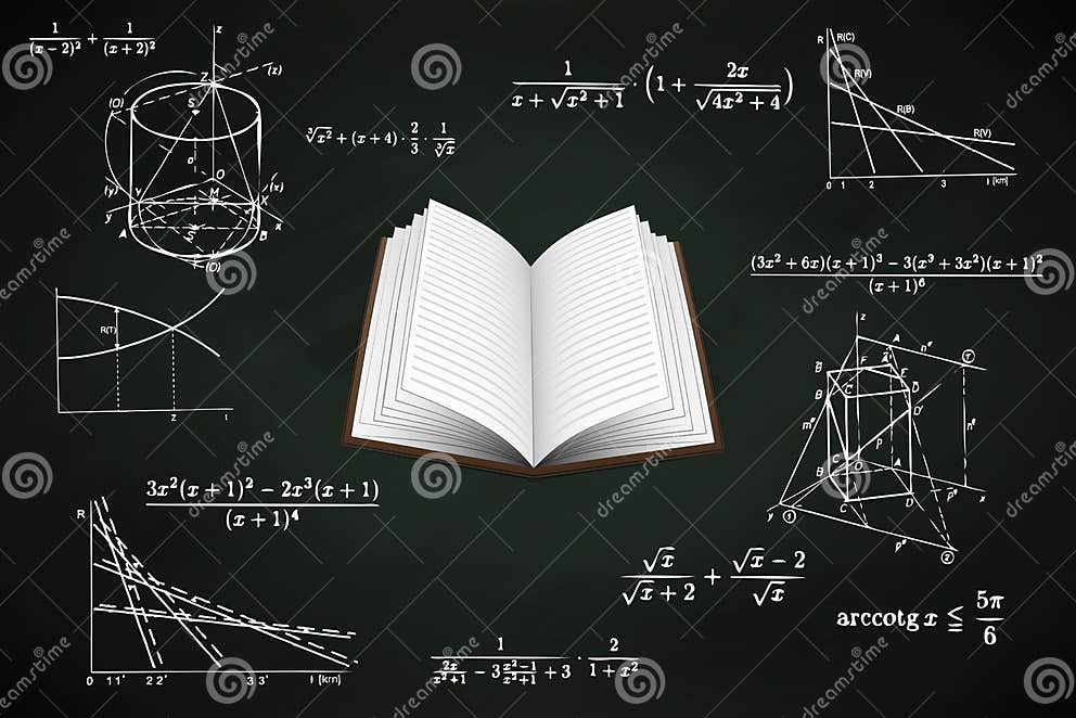 Open Book on Blackboard with Math Calculations Stock Illustration ...