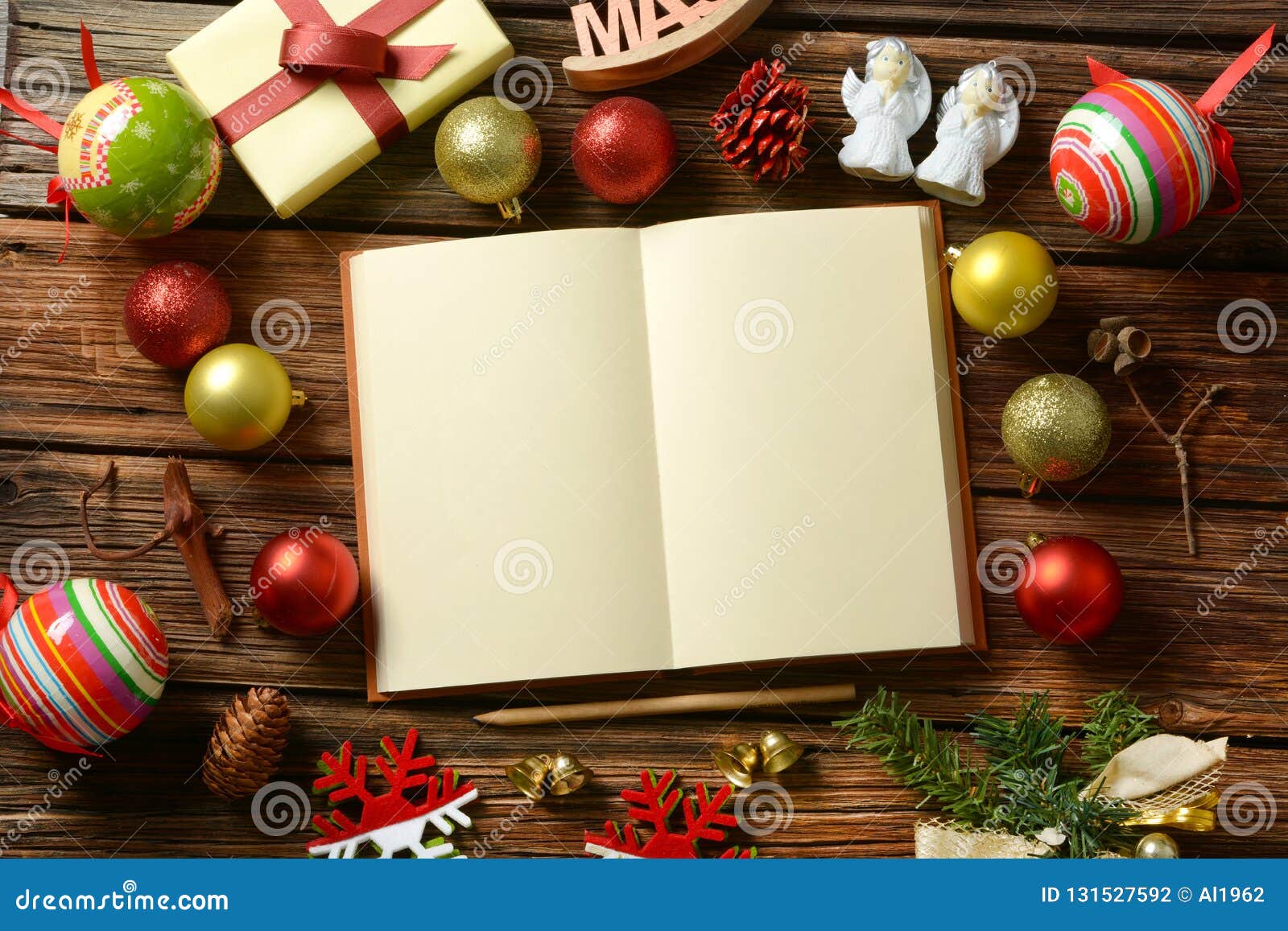 Open Book with Blank Pages and Christmas Decorations Stock Photo ...